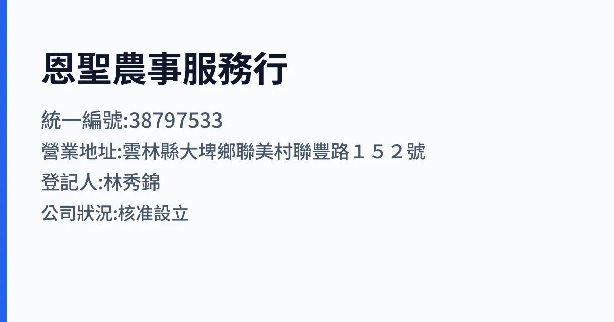 恩聖農事服務行 - 統編 38797533(雲林縣) 公司登記資料與營業項目詳細圖表