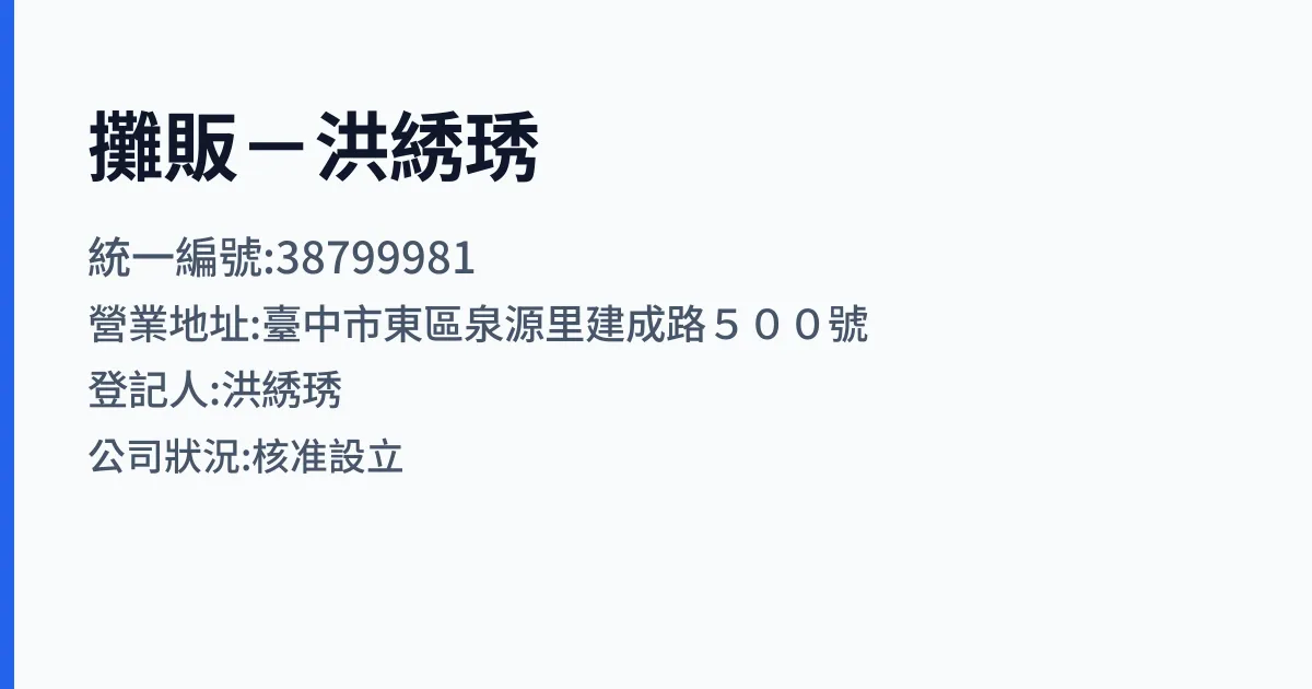 攤販－洪綉琇 - 統編 38799981（臺中市） 公司登記資料與營業項目詳細圖表