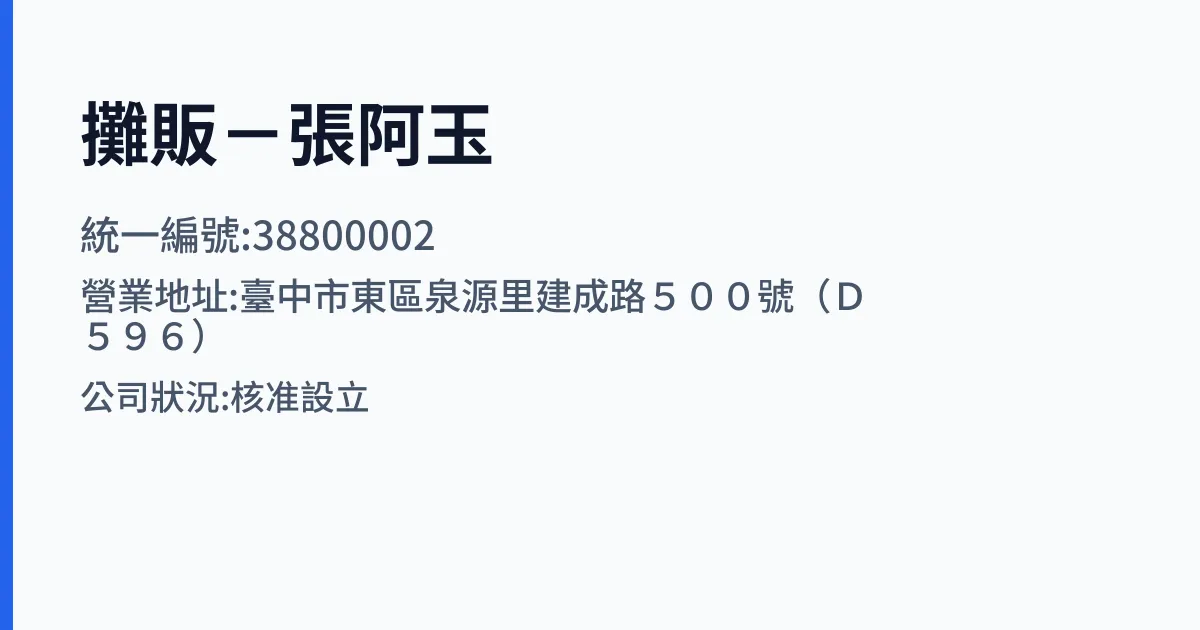 攤販－張阿玉 - 統編 38800002（臺中市） 公司登記資料與營業項目詳細圖表