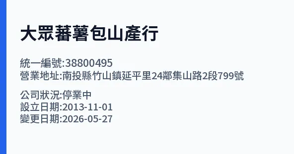 大眾蕃薯包山產行的照片-統編 38800495(南投縣) 公司登記資料與營業項目詳細圖表