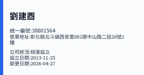 劉建酉的照片-統編 38801564(彰化縣) 公司登記資料與營業項目詳細圖表