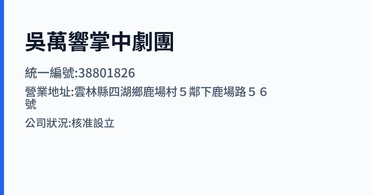 吳萬響掌中劇團 - 統編 38801826(雲林縣) 公司登記資料與營業項目詳細圖表