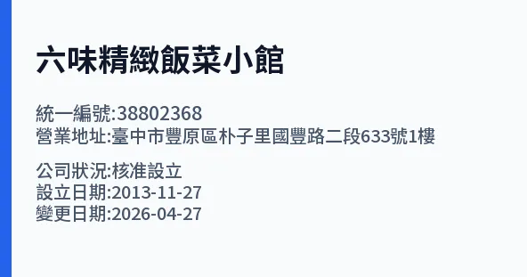 六味精緻飯菜小館的照片-統編 38802368(臺中市) 公司登記資料與營業項目詳細圖表
