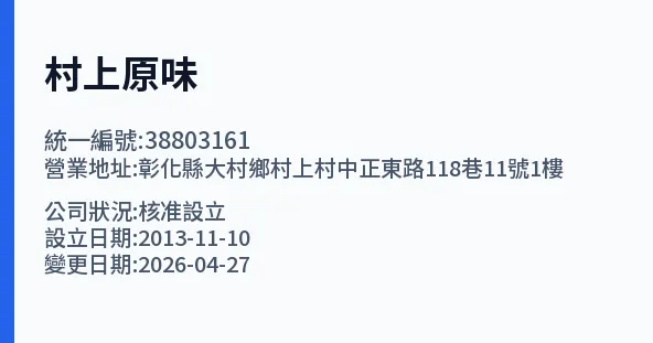 村上原味的照片-統編 38803161(彰化縣) 公司登記資料與營業項目詳細圖表