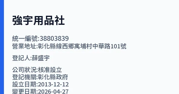 強宇用品社的照片-統編 38803839(彰化縣) 公司登記資料與營業項目詳細圖表