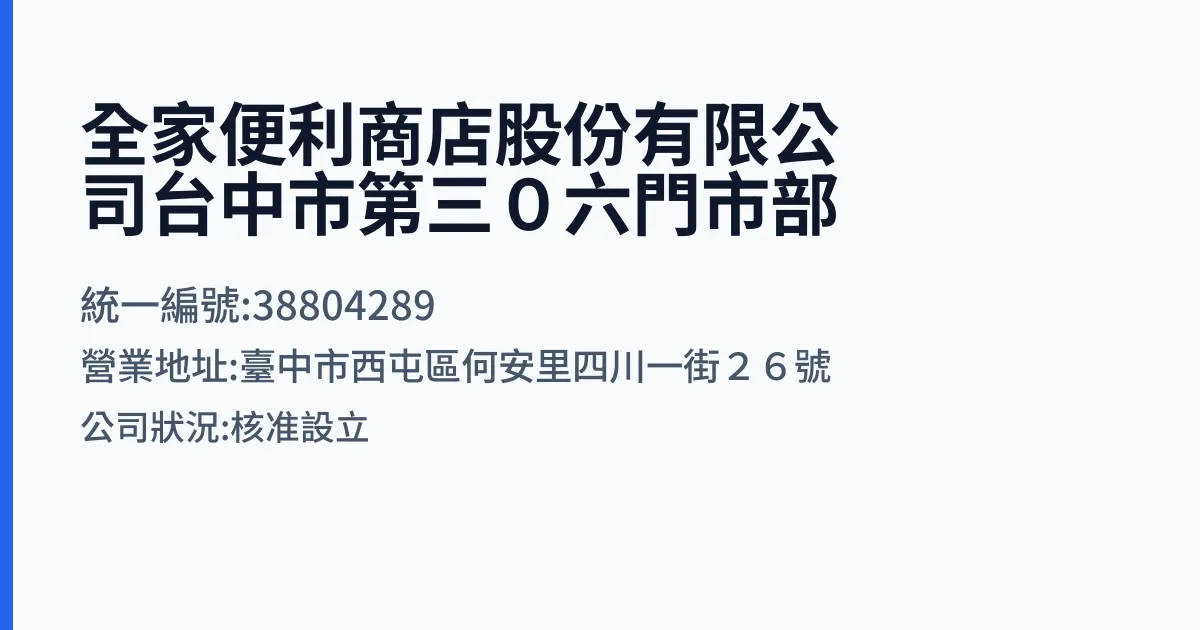 全家便利商店股份有限公司台中市第三０六門市部 - 統編 38804289(臺中市) 公司登記資料與營業項目詳細圖表