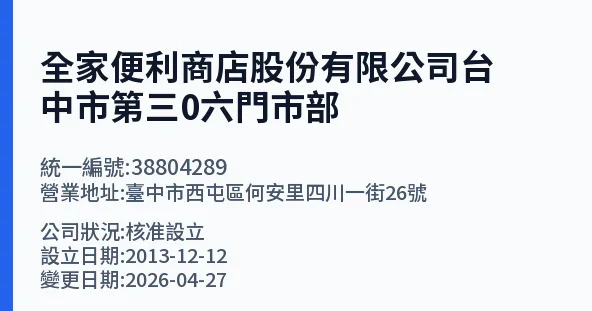 全家便利商店股份有限公司台中市第三0六門市部的照片-統編 38804289(臺中市) 公司登記資料與營業項目詳細圖表