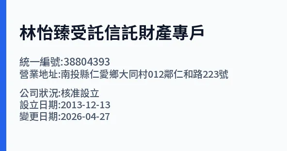 林怡臻受託信託財產專戶的照片-統編 38804393(南投縣) 公司登記資料與營業項目詳細圖表