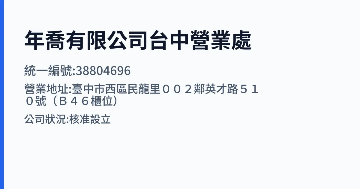 年喬有限公司台中營業處 - 統編 38804696(臺中市) 公司登記資料與營業項目詳細圖表