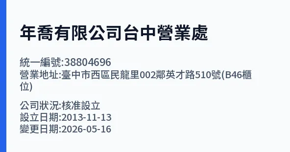 年喬有限公司台中營業處的照片-統編 38804696(臺中市) 公司登記資料與營業項目詳細圖表