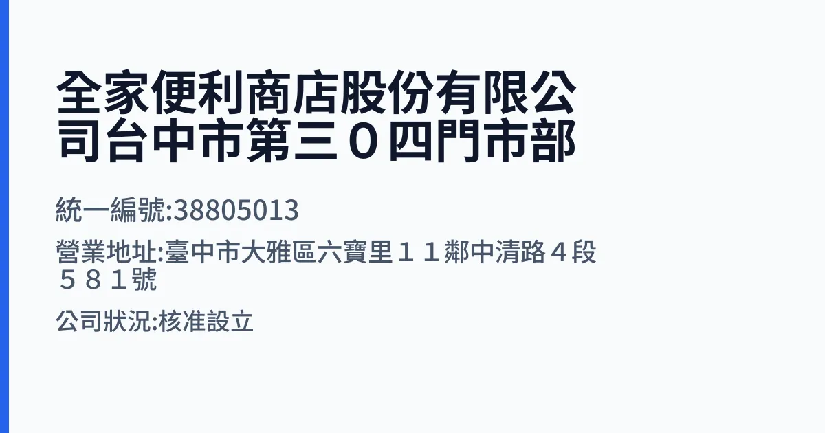 全家便利商店股份有限公司台中市第三0四門市部 - 統編 38805013(臺中市) 公司登記資料與營業項目詳細圖表
