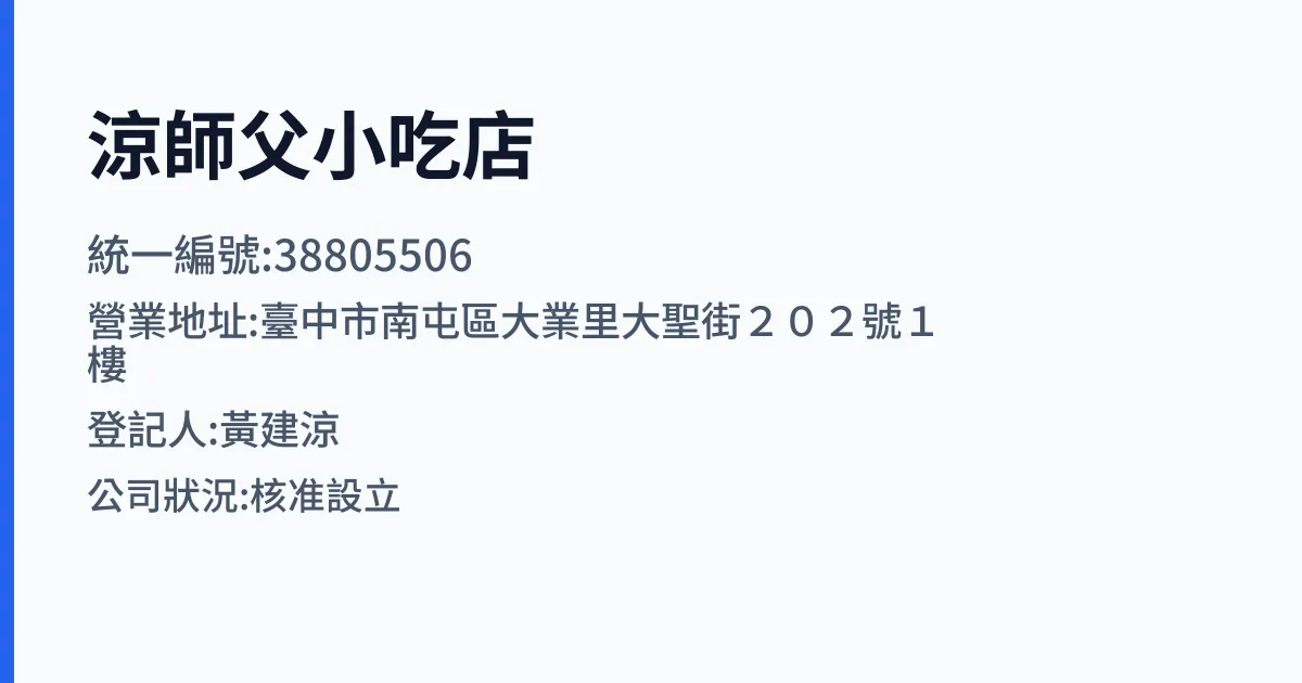 涼師父小吃店 - 統編 38805506(臺中市) 公司登記資料與營業項目詳細圖表