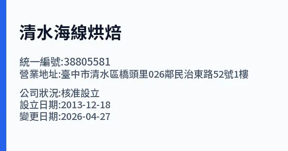 清水海線烘焙的照片-統編 38805581(臺中市) 公司登記資料與營業項目詳細圖表