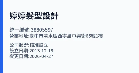 婷婷髮型設計的照片-統編 38805597(臺中市) 公司登記資料與營業項目詳細圖表