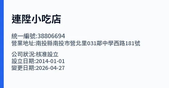 連陞小吃店的照片-統編 38806694(南投縣) 公司登記資料與營業項目詳細圖表