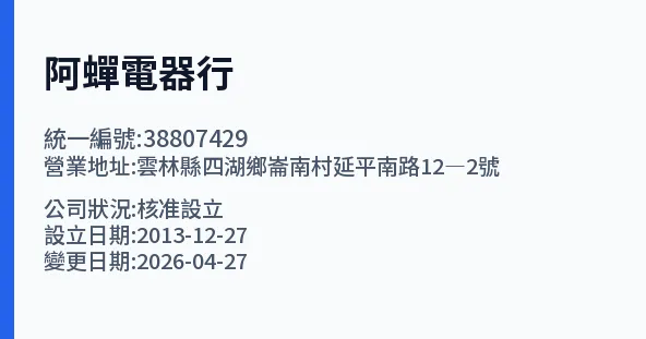 阿蟬電器行的照片-統編 38807429(雲林縣) 公司登記資料與營業項目詳細圖表