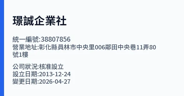 璟誠企業社的照片-統編 38807856(彰化縣) 公司登記資料與營業項目詳細圖表