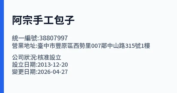 阿宗手工包子的照片-統編 38807997(臺中市) 公司登記資料與營業項目詳細圖表