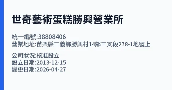 世奇藝術蛋糕勝興營業所的照片-統編 38808406(苗栗縣) 公司登記資料與營業項目詳細圖表