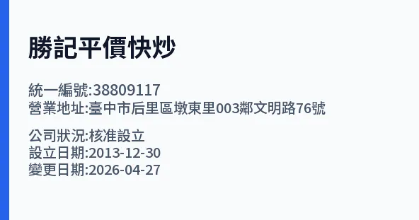 勝記平價快炒的照片-統編 38809117(臺中市) 公司登記資料與營業項目詳細圖表
