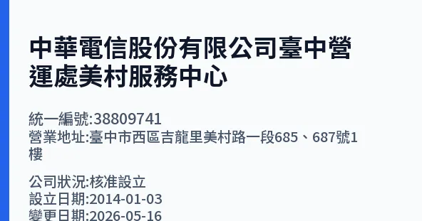 中華電信股份有限公司臺中營運處美村服務中心的照片-統編 38809741(臺中市) 公司登記資料與營業項目詳細圖表