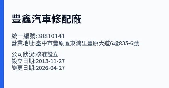 豐鑫汽車修配廠的照片-統編 38810141(臺中市) 公司登記資料與營業項目詳細圖表