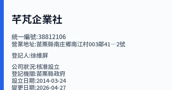 芊芃企業社的照片-統編 38812106(苗栗縣) 公司登記資料與營業項目詳細圖表