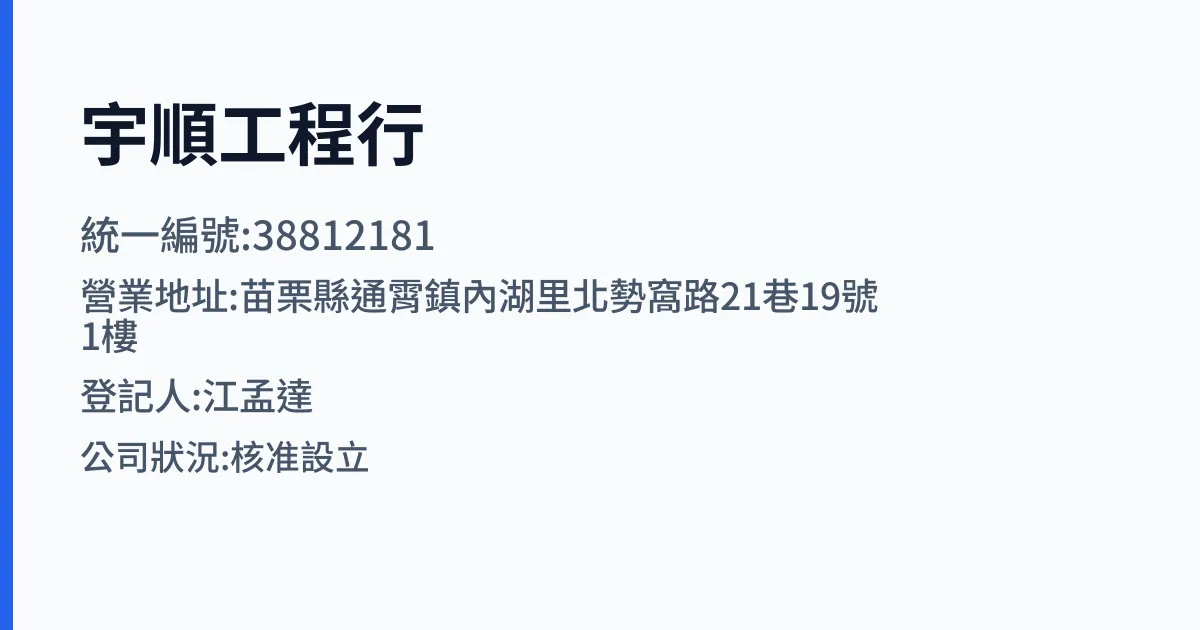 宇順工程行 - 統編 38812181(苗栗縣) 公司登記資料與營業項目詳細圖表