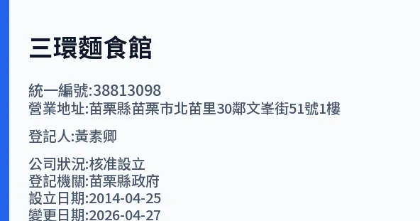 三環麵食館的照片-統編 38813098(苗栗縣) 公司登記資料與營業項目詳細圖表