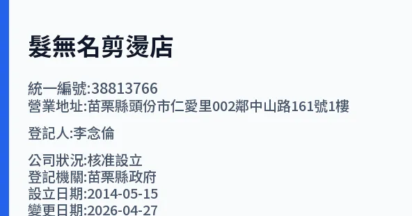 髮無名剪燙店的照片-統編 38813766(苗栗縣) 公司登記資料與營業項目詳細圖表
