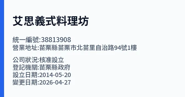 艾思義式料理坊的照片-統編 38813908(苗栗縣) 公司登記資料與營業項目詳細圖表