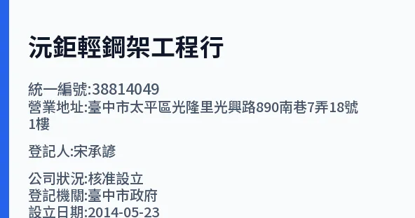 沅鉅輕鋼架工程行的照片-統編 38814049(臺中市) 公司登記資料與營業項目詳細圖表
