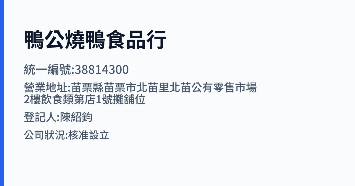 鴨公燒鴨食品行 - 統編 38814300(苗栗縣) 公司登記資料與營業項目詳細圖表