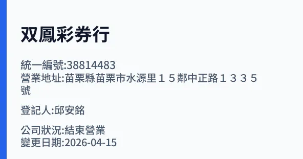 双鳳彩券行的照片-統編 38814483(苗栗縣) 公司登記資料與營業項目詳細圖表