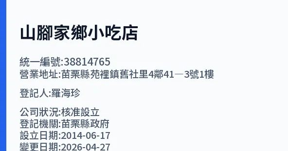 山腳家鄉小吃店的照片-統編 38814765(苗栗縣) 公司登記資料與營業項目詳細圖表