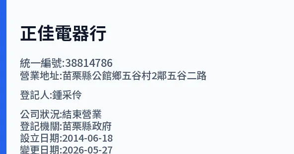 正佳電器行的照片-統編 38814786(苗栗縣) 公司登記資料與營業項目詳細圖表