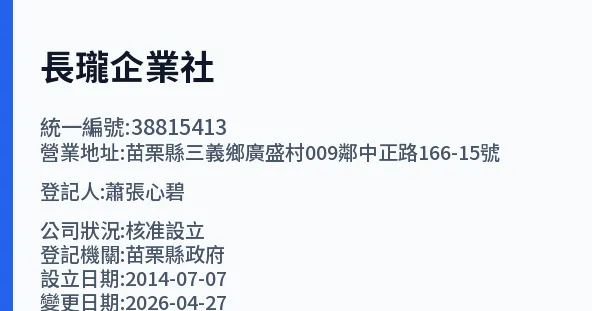 長瓏企業社的照片-統編 38815413(苗栗縣) 公司登記資料與營業項目詳細圖表