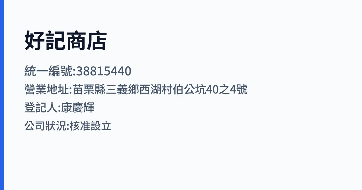 好記商店 - 統編 38815440(苗栗縣) 公司登記資料與營業項目詳細圖表