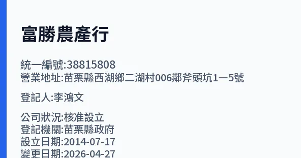 富勝農產行的照片-統編 38815808(苗栗縣) 公司登記資料與營業項目詳細圖表