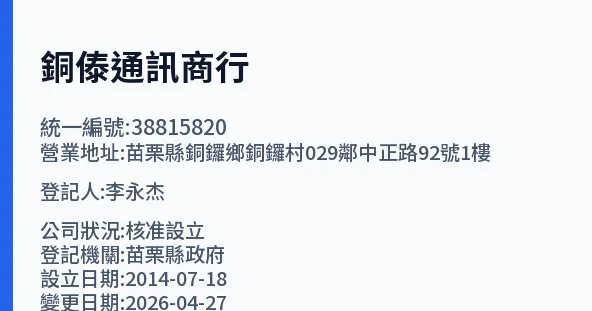 銅傣通訊商行的照片-統編 38815820(苗栗縣) 公司登記資料與營業項目詳細圖表
