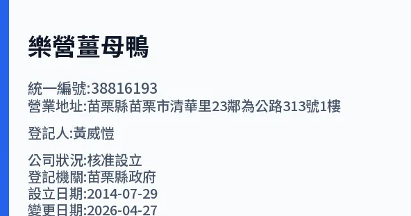 樂營薑母鴨的照片-統編 38816193(苗栗縣) 公司登記資料與營業項目詳細圖表