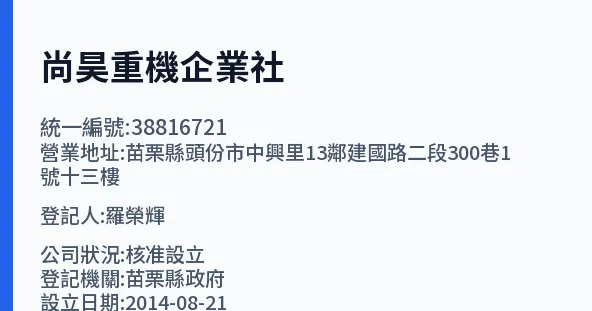 尚昊重機企業社的照片-統編 38816721(苗栗縣) 公司登記資料與營業項目詳細圖表
