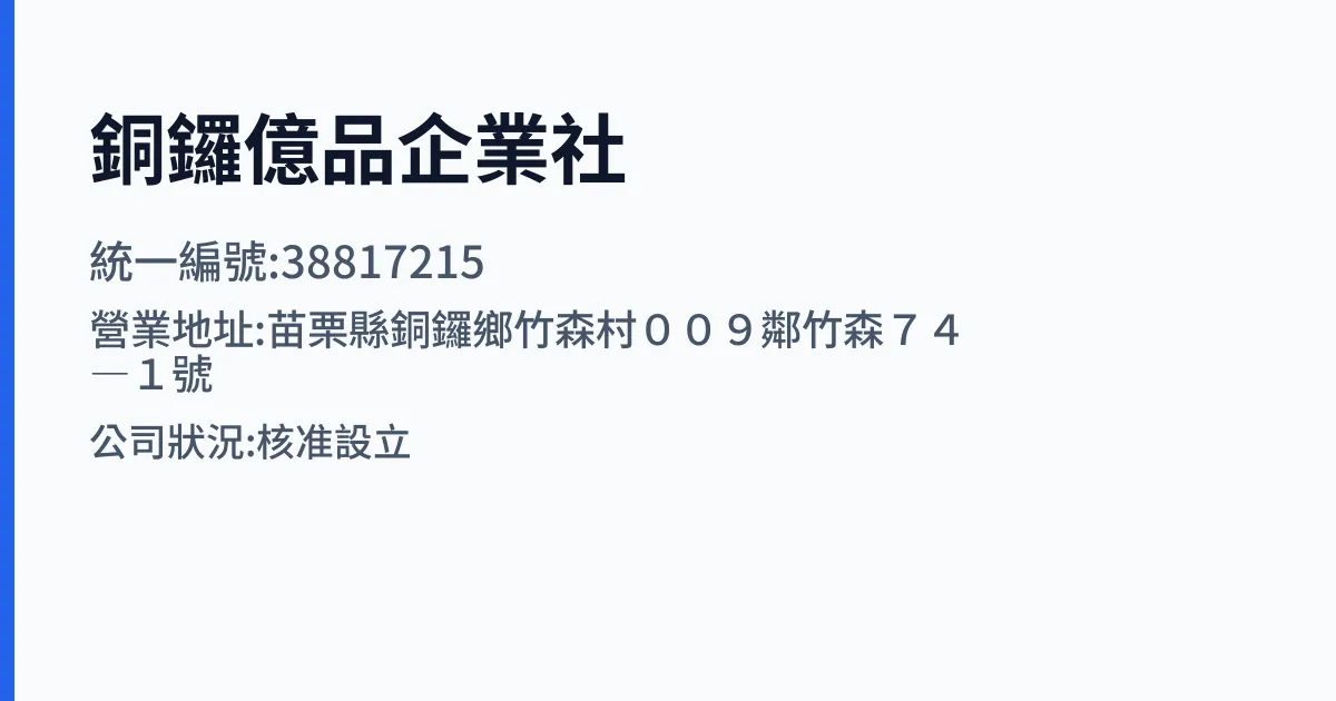 銅鑼億品企業社 - 統編 38817215(苗栗縣) 公司登記資料與營業項目詳細圖表