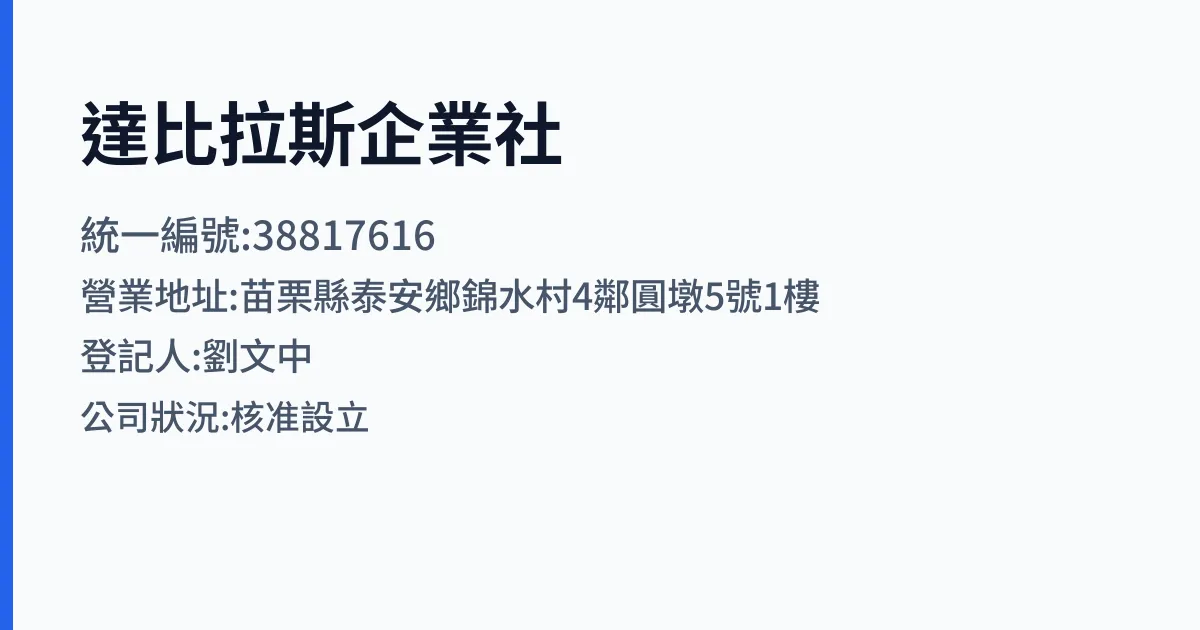 達比拉斯企業社 - 統編 38817616（苗栗縣） 公司登記資料與營業項目詳細圖表