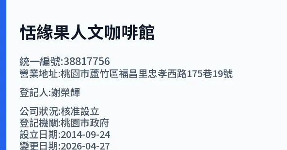 恬緣果人文咖啡館的照片-統編 38817756(桃園市) 公司登記資料與營業項目詳細圖表