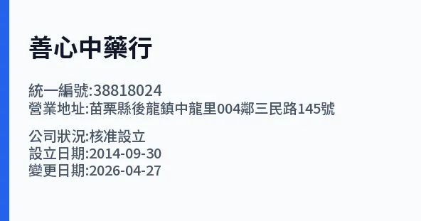 善心中藥行的照片-統編 38818024(苗栗縣) 公司登記資料與營業項目詳細圖表