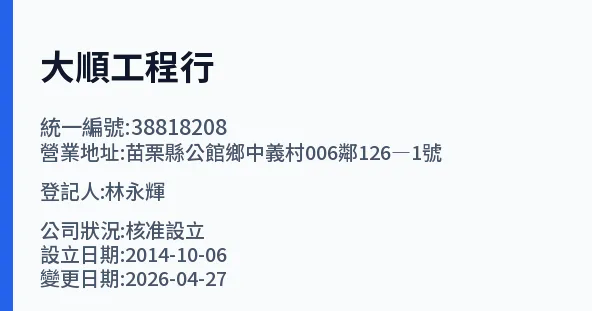 大順工程行的照片-統編 38818208(苗栗縣) 公司登記資料與營業項目詳細圖表