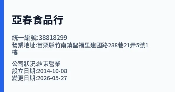 亞春食品行的照片-統編 38818299(苗栗縣) 公司登記資料與營業項目詳細圖表
