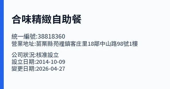 合味精緻自助餐的照片-統編 38818360(苗栗縣) 公司登記資料與營業項目詳細圖表