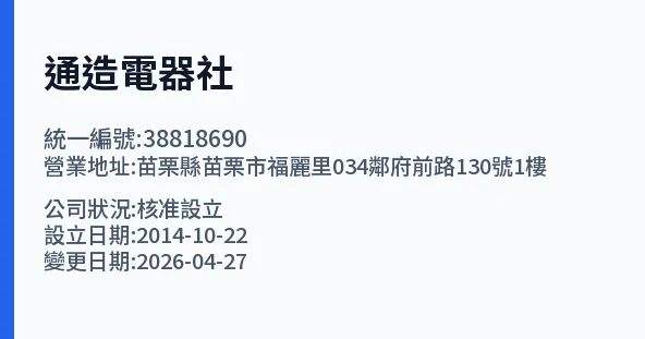 通造電器社的照片-統編 38818690(苗栗縣) 公司登記資料與營業項目詳細圖表